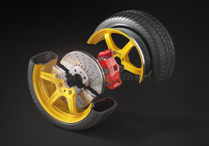 Wheel Structure. Car Wheel with Brake Isolated on a Dark Background. 3d ...