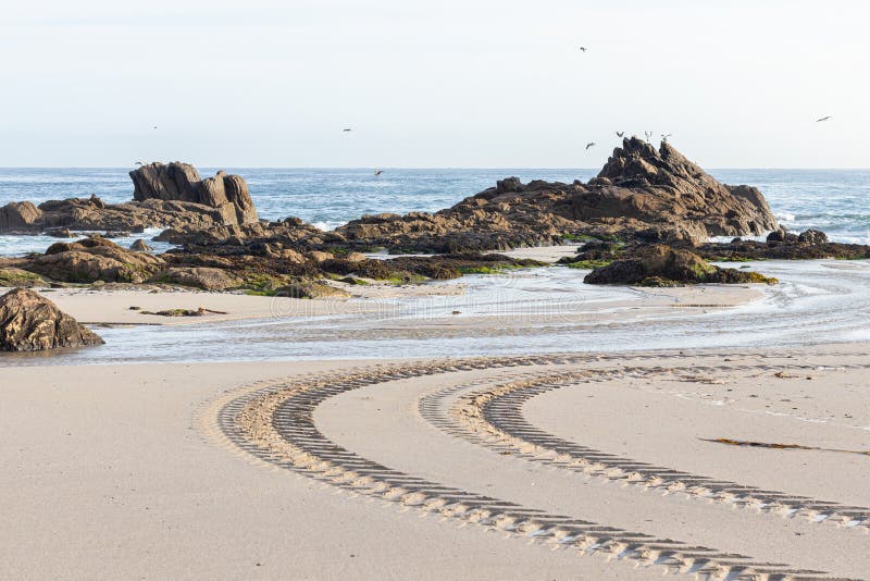 Wheel Tracks on the Beach Sand, Galicia Stock Photo - Image of sand ...