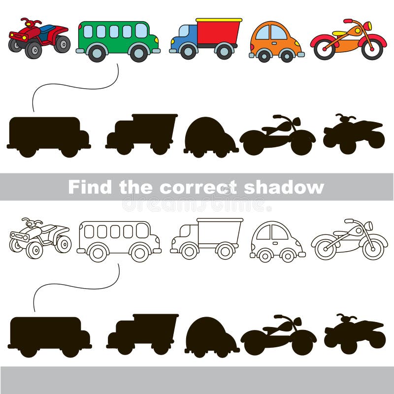 Wheel Vehicles Set. Find Correct Shadow. Stock Vector - Illustration of ...