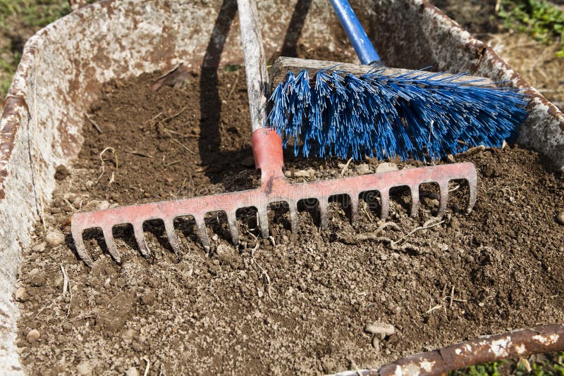 Wheelbarrow, Broom and Rake Stock Photo - Image of green, trowel: 19821344