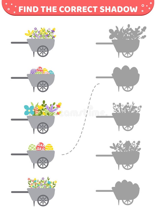 Wheelbarrow, Flowers, Easter Eggs. Find the Correct Shadow. Shadow ...