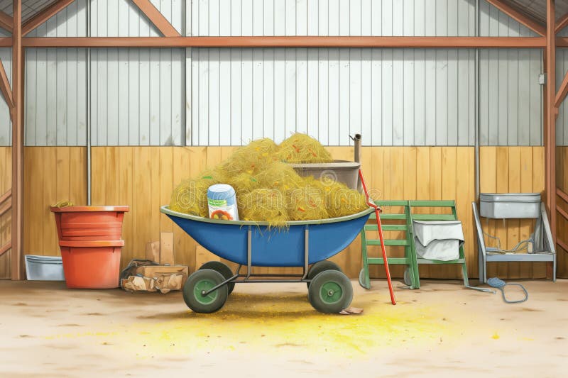 Wheelbarrow with Hay in the Aisle of a Horse Stable Stock Image - Image ...