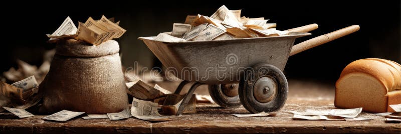 Wheelbarrow Overflowing with Cash beside Expensive Loaf of Bread ...