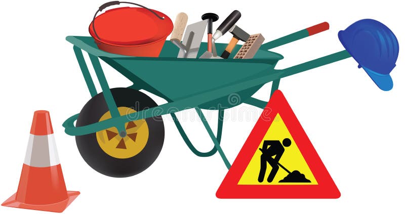 Wheelbarrow Working with Road Accessories and Work Signals Stock Vector ...