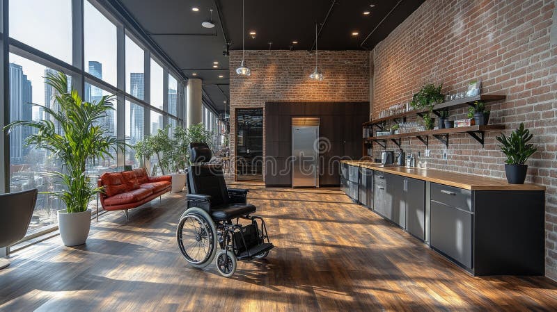 A Wheelchair User Working in a Modern Office Kitchen with Large Windows ...
