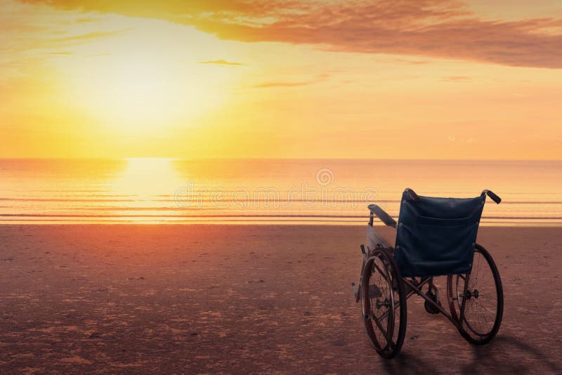 Wheelchairs Parked on the Beach at Sunset Time, in a Lonely Atmosphere ...