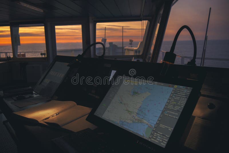 Wheelhouse in Modern Ship with ECDIS and Bridge Log Book Editorial ...