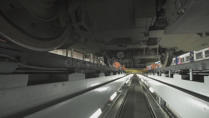 Wheels on Chassis of Train Wagons at Workshop in Factory Stock Footage ...