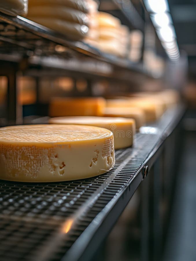 Wheels of Cheese Aging on Shelves in a Storage Room. Stock Image ...