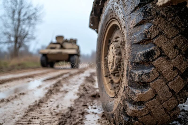 Wheels of a Military Tank. Military Vehicle on a Muddy Road Stock ...