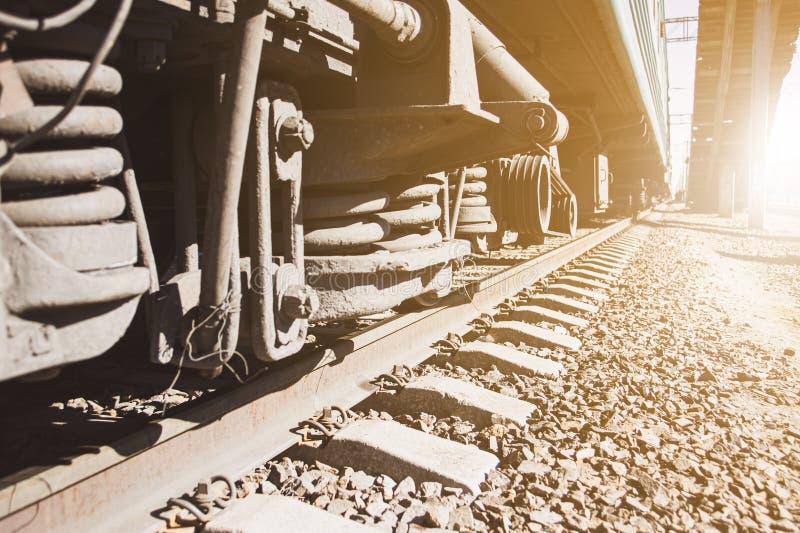 Wheelset Under the Car on the Electric Train Close-up at Sunset Stock ...