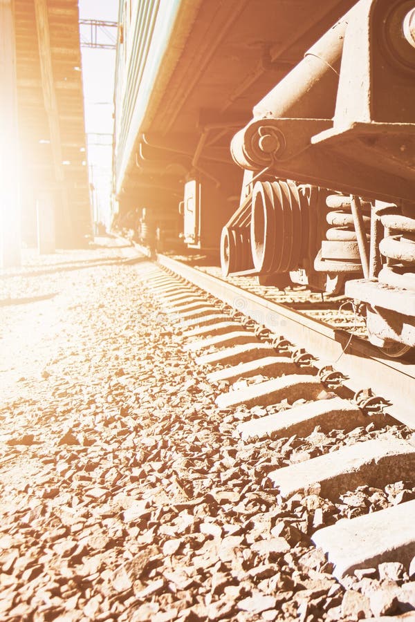 Wheelset Under the Car on the Electric Train Close-up at Sunset Stock ...