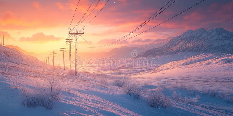 Where Power Lines Trace a Path through a Crimson Sky, a Winter ...