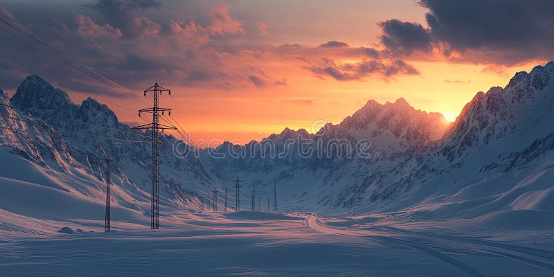 Where Power Lines Trace a Path through a Crimson Sky, a Winter ...
