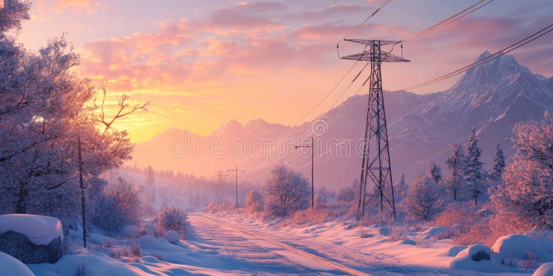 Where Power Lines Trace a Path through a Crimson Sky, a Winter ...