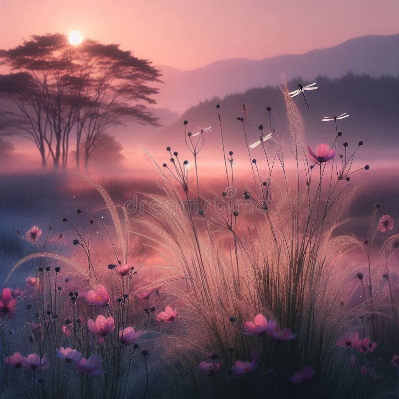 Where Tall and Thin Grasses Shimmer with Morning Dew with Rising Sun ...