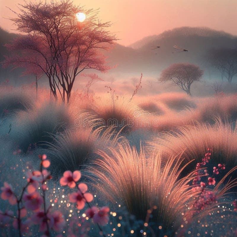 Where Tall and Thin Grasses Shimmer with Morning Dew with Rising Sun ...