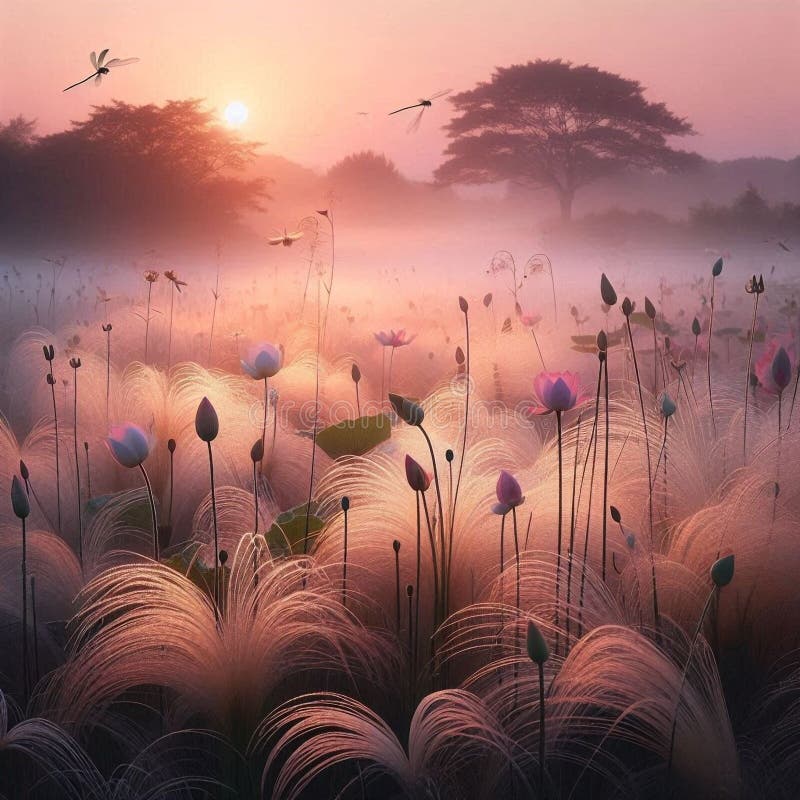 Where Tall and Thin Grasses Shimmer with Morning Dew with Rising Sun ...