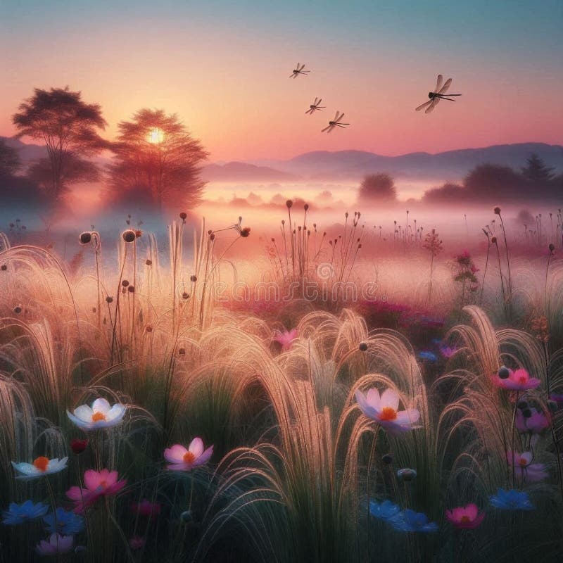 Where Tall and Thin Grasses Shimmer with Morning Dew with Rising Sun ...