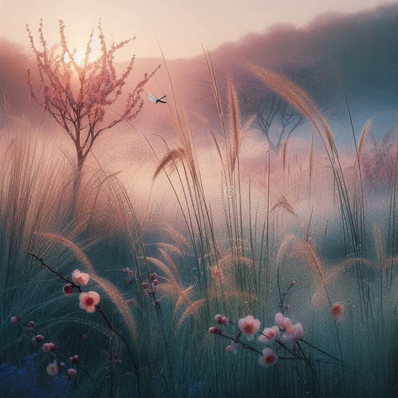 Where Tall and Thin Grasses Shimmer with Morning Dew with Rising Sun ...