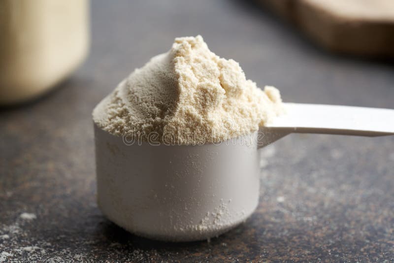 Whey Protein Powder in a Plastic Measuring Scoop, Closeup Stock Image ...