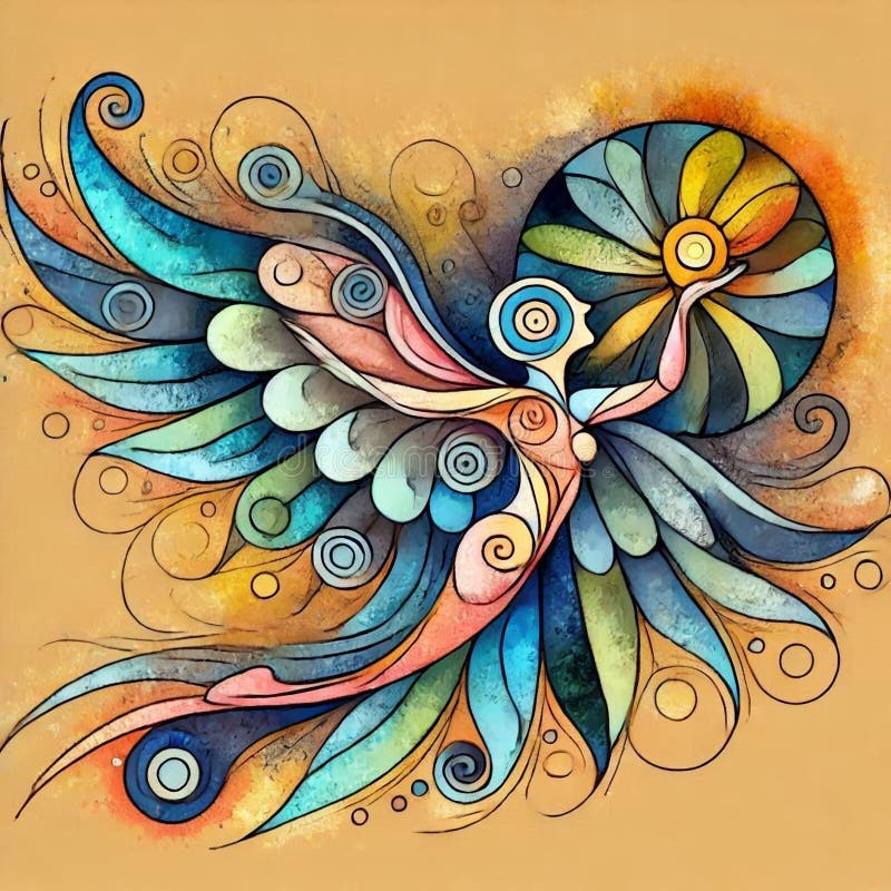 Whimsical Abstract Painting of Colorful Winged Human Fable Creature ...