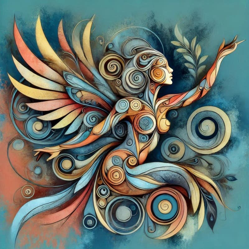 Whimsical Abstract Painting of Colorful Winged Human Fable Creature ...