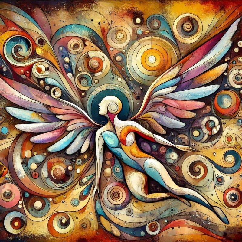 Whimsical Abstract Painting of Colorful Winged Human Fable Creature ...