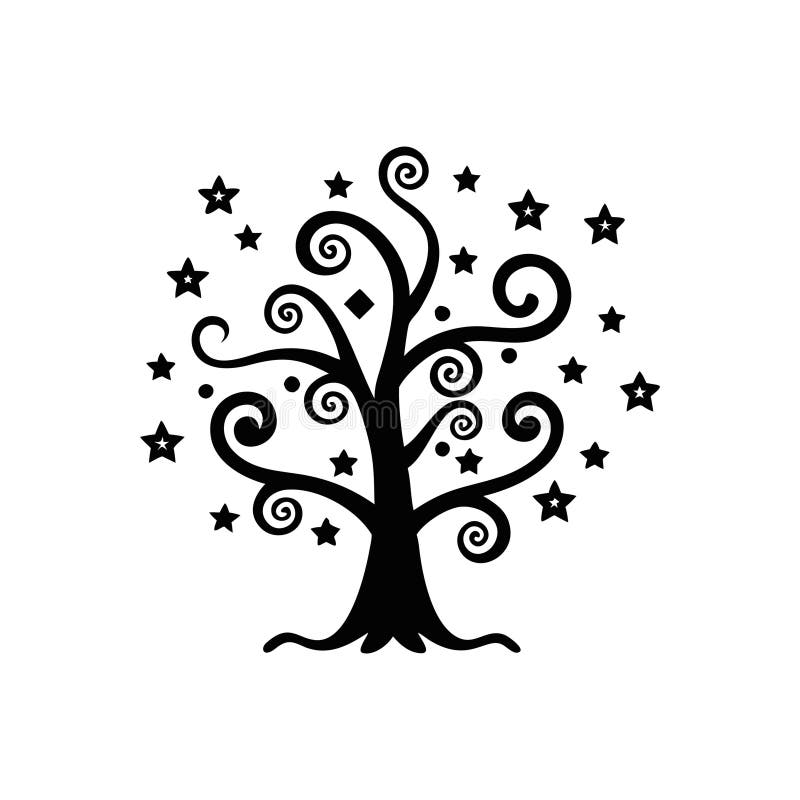 Abstract Tree with Stars, Black and White Fantasy Illustration ...