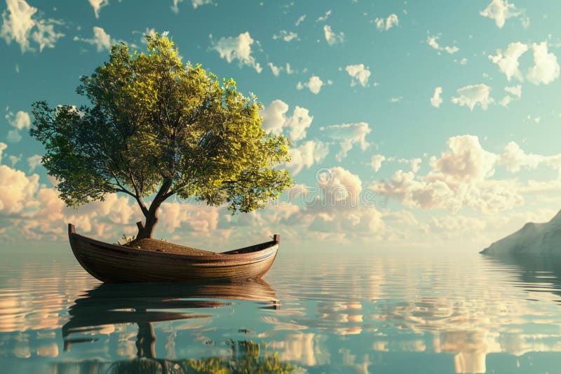 Whimsical Adventure Boat Carrying Tree, Harmonious Blend of Nature ...