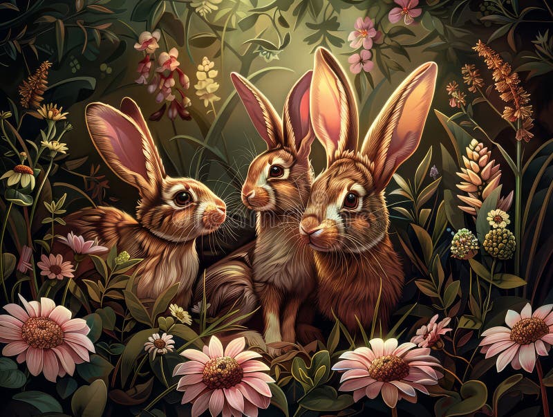 Whimsical Adventures through Vibrant Gardens with Curious Rabbits Stock ...