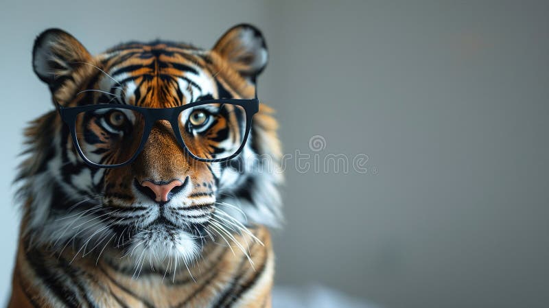 Intelligent Tiger Wearing Black Glasses on Gray Background Stock ...