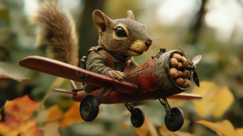 Squirrel Pilot Flying a Miniature Vintage Airplane in Autumn Forest ...