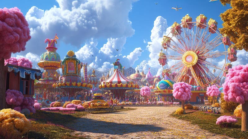 Whimsical Amusement Park Path, Sunny Day, Funfair Background, Family ...