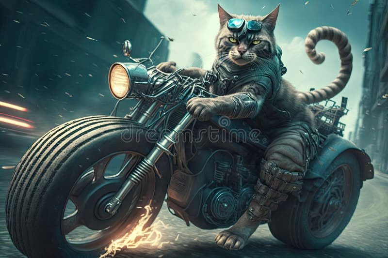 The Cat Drives a Motorcycle on the Street Stock Illustration ...