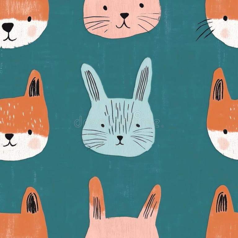 Whimsical Animal Faces Pattern Featuring Foxes and Rabbits on Teal ...