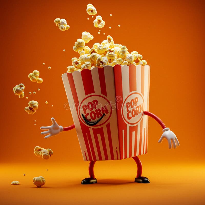 A Whimsical Animated Popcorn Container with Arms and Legs Stands ...