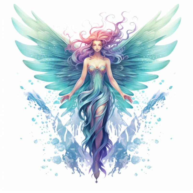 Whimsical Anime Illustration of a Blue Angel with Feathers Stock ...