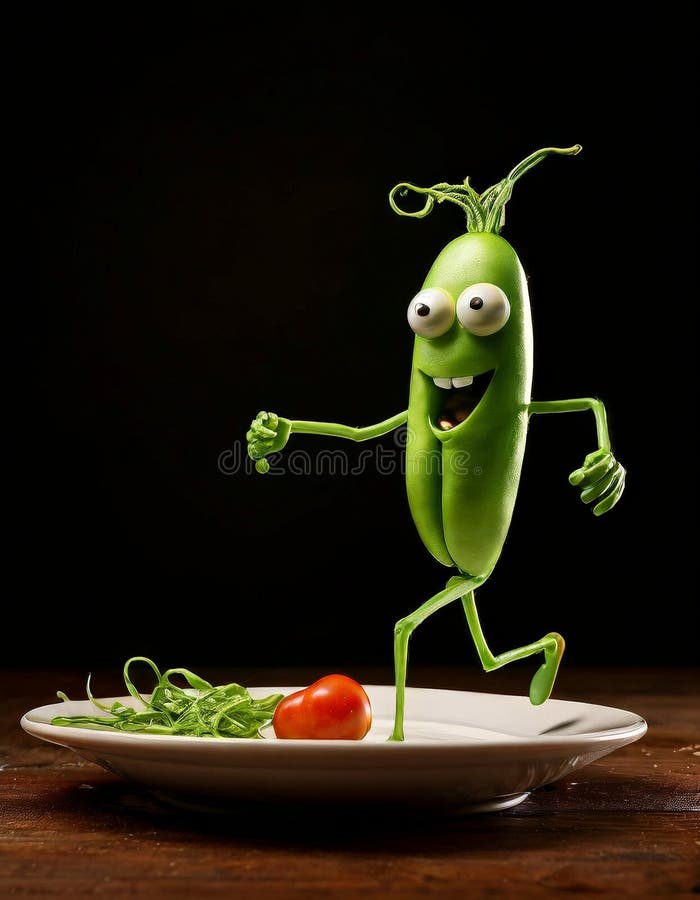 Happy Cartoon Green Pea Running on a Plate Stock Photo - Image of funny ...