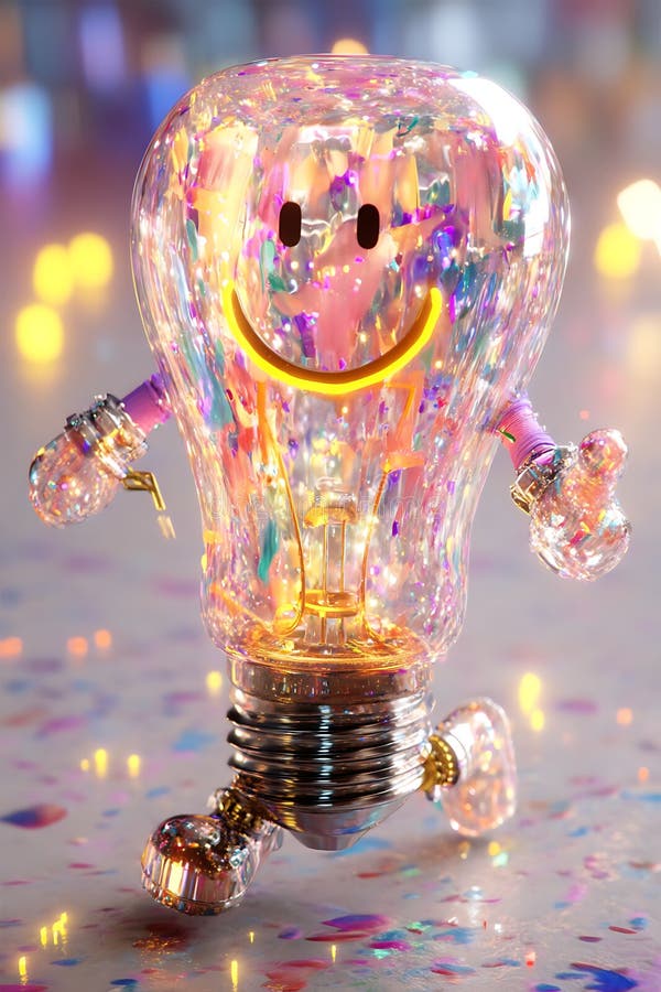 A Whimsical, Anthropomorphic Lightbulb Character with a Smiling Face is Depicted Generated Stock ...