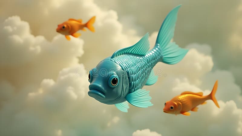Whimsical Aquatic Dreamscape Featuring Clouds and Surreal Fish Floating ...