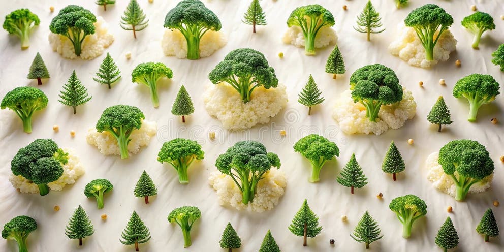 A Whimsical Arrangement of Broccoli Trees and Cauliflower Clouds in a ...