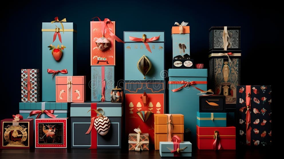 A Whimsical Array of Gift Boxes Adorned with Playful Patterns Stock ...