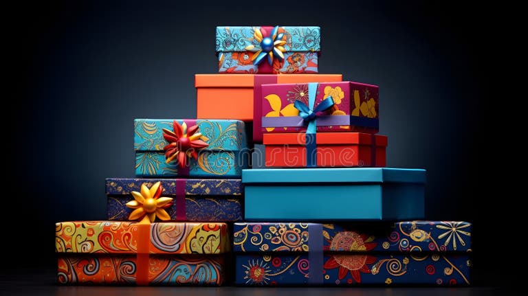 A Whimsical Array of Gift Boxes Adorned with Playful Patterns Stock ...