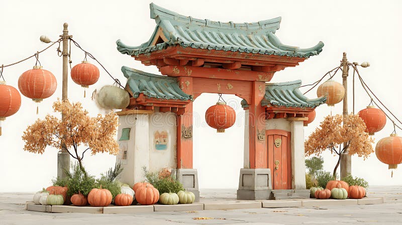 Whimsical Autumn Gate with Lanterns and Pumpkins 3D Render Stock ...