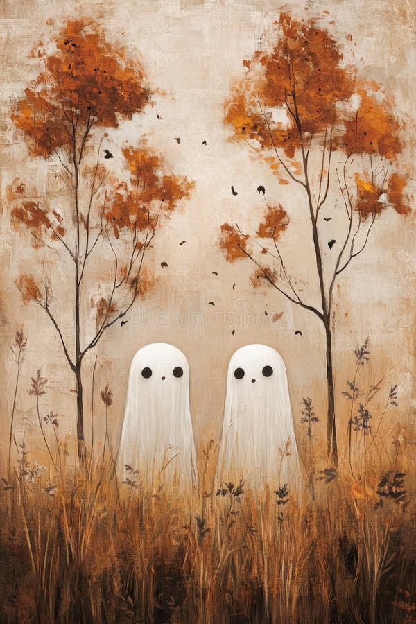 Whimsical Autumn Landscape with Cute Ghosts Standing in Soft Fields ...