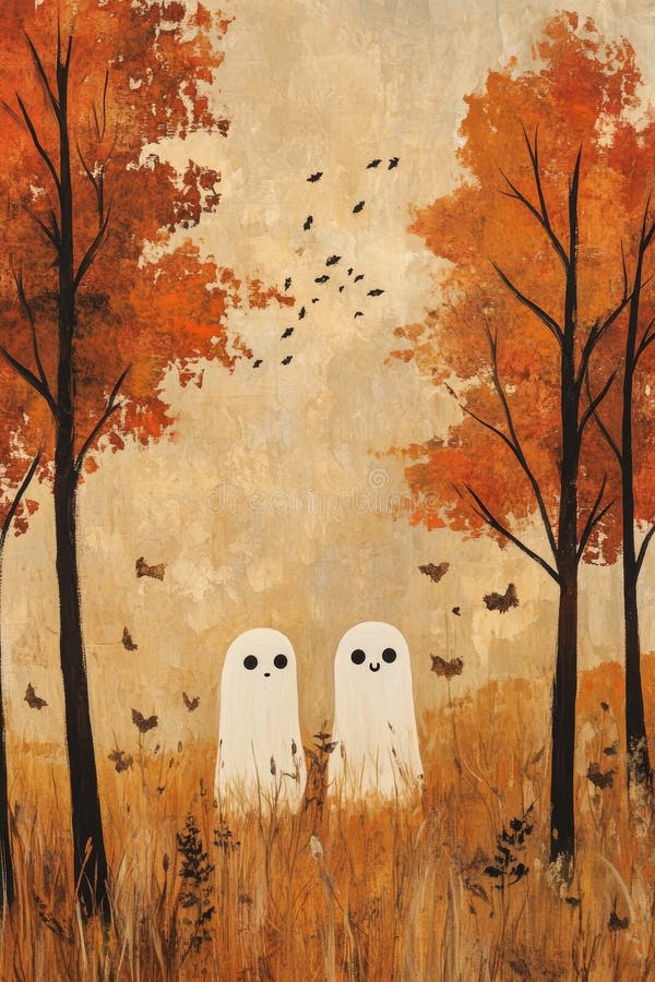 Whimsical Autumn Landscape with Cute Ghosts Standing in Soft Fields ...