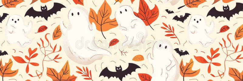 Whimsical Autumn Pattern with Ghosts, Bats and Falling Leaves for ...