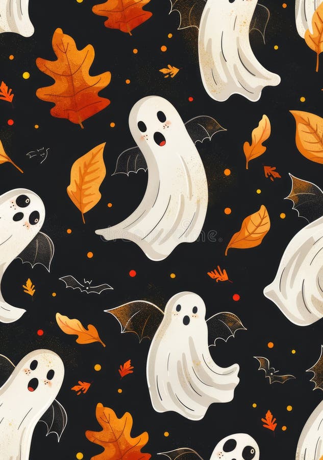 Whimsical Autumn Pattern with Ghosts, Bats and Falling Leaves for ...