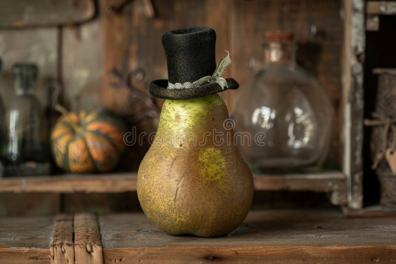 Whimsical Autumn Pear with Top Hat Stock Illustration - Illustration of ...